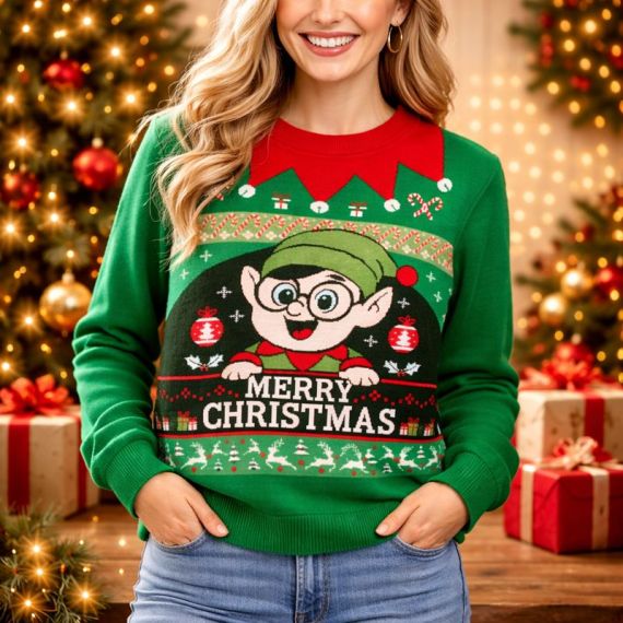 Pull de Noël lutin adulte XS pas cher festif vert - Badaboum.fr